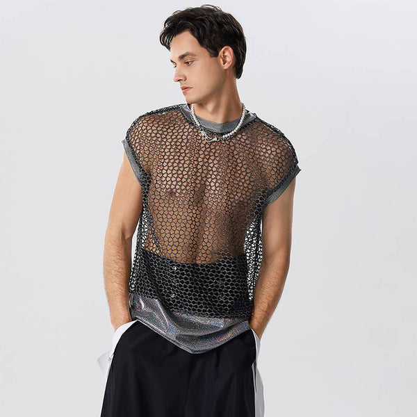 Aidase Fashion Men Tank Tops Mesh Patchwork Transparent O-neck Sleevel ...